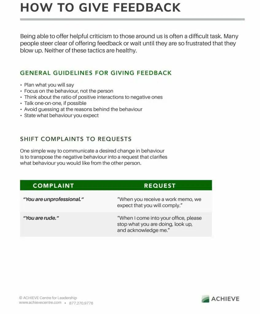 How to Give Feedback Printable Infographic - ACHIEVE
